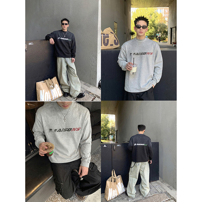 PLTH*春季美式复古不规则晕染字母印花长袖T恤男宽松设计套头上衣