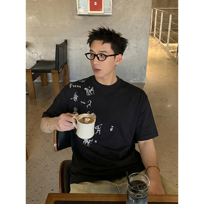 PLTH*夏季艺术感抽象岩画印花短袖男T恤小众设计宽松百搭潮牌上衣