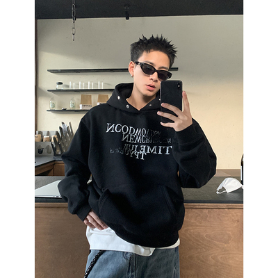 PLTH*美式复古做旧字母印花水洗加绒防风连帽卫衣男慵懒套头上衣