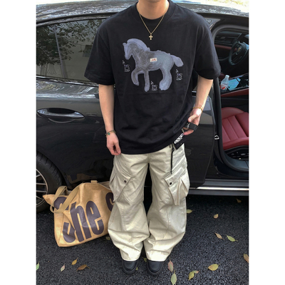 PLTH*复古休闲美式街头水墨小马印花T恤男宽松夏季潮流百搭短袖衫