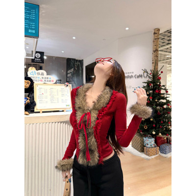 大码美式辣妹毛毛拼接v领长袖T恤