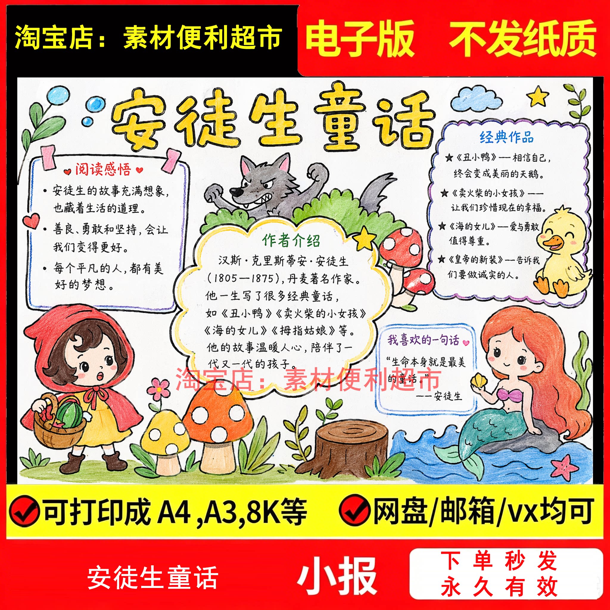 安徒生童话手抄报电子模板中小学生故事读熟阅读好书推荐卡手绘