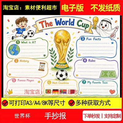 世界杯the world cup手抄报电子模板英语文学习足球文化线稿手绘