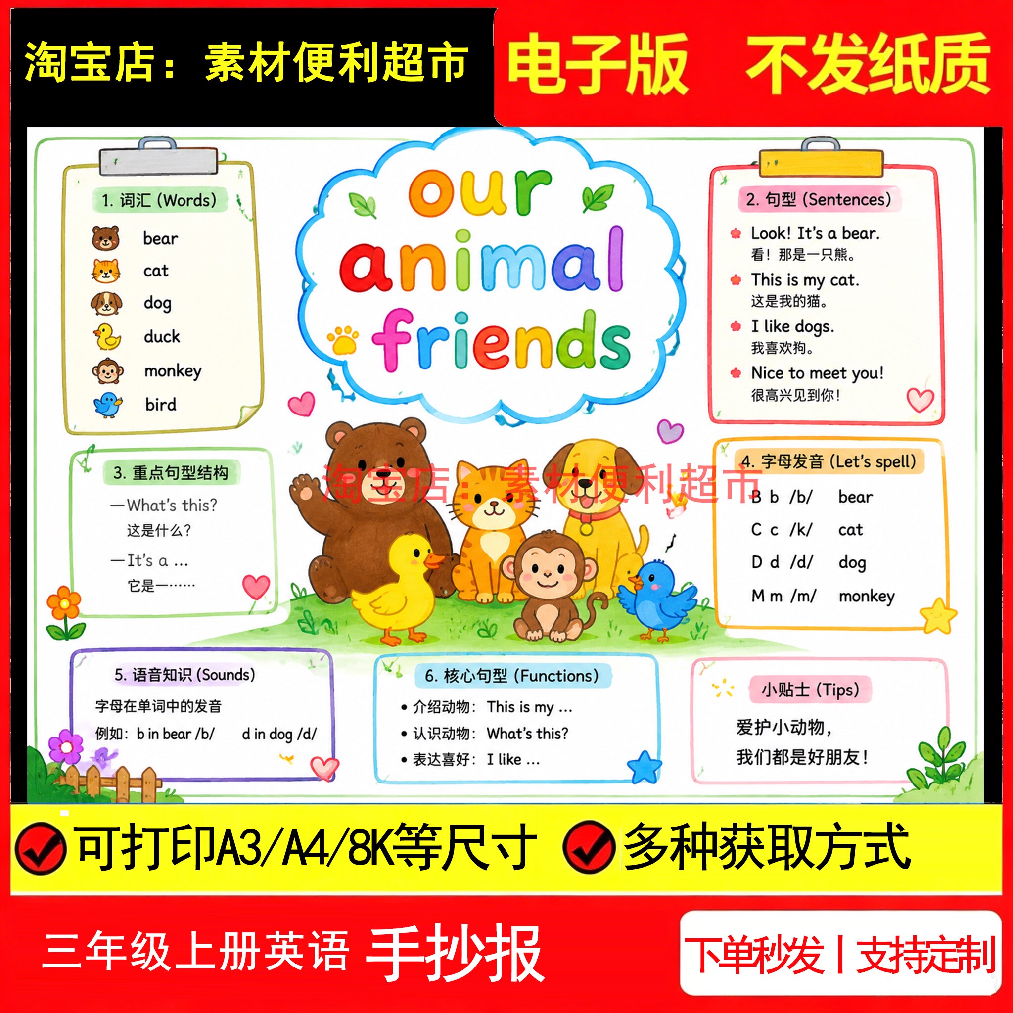 our animal friends英语手抄报电子模新pep版三年级上册单元知识