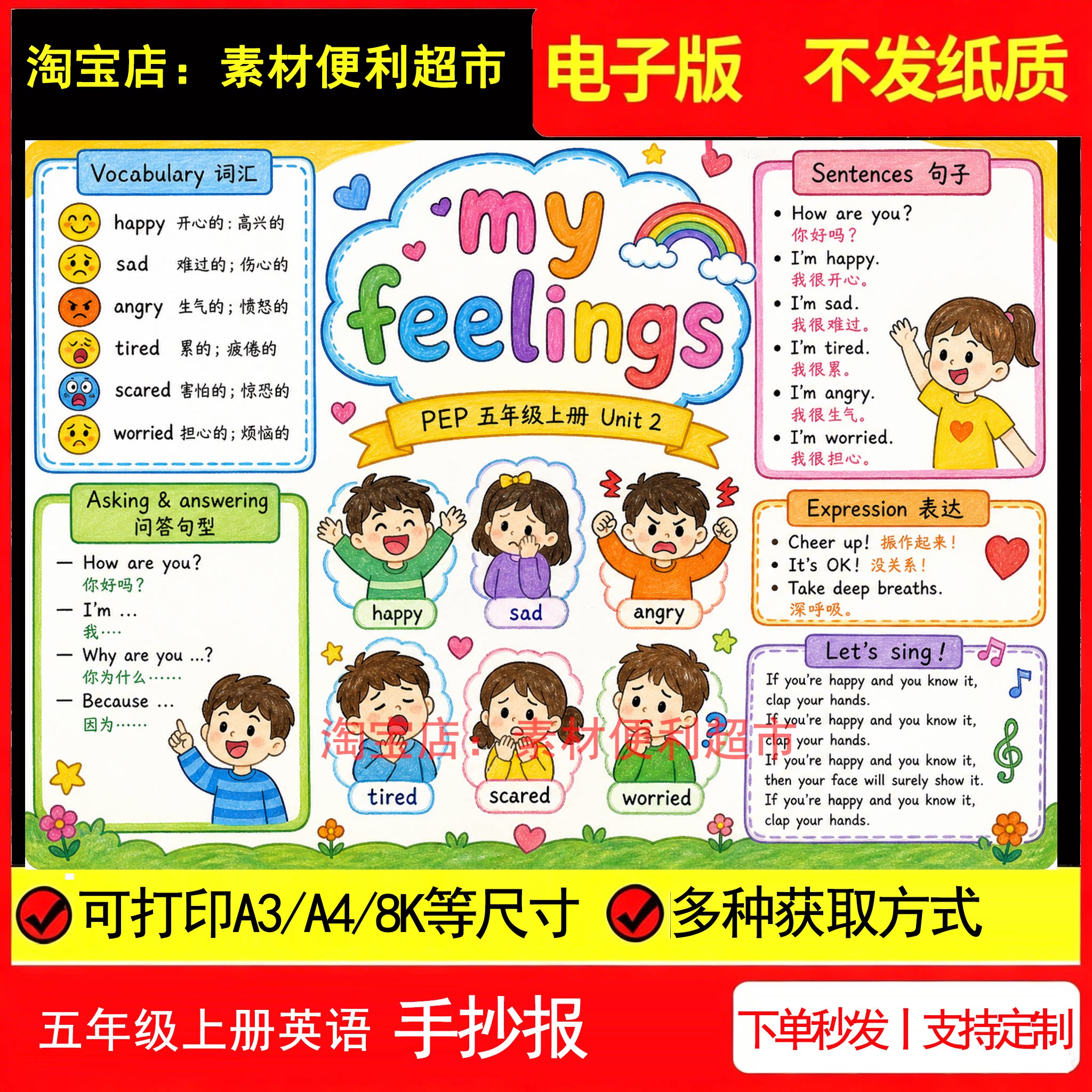 my feelings我的感受手抄报电子新pep版五年级上册英语线稿手绘报
