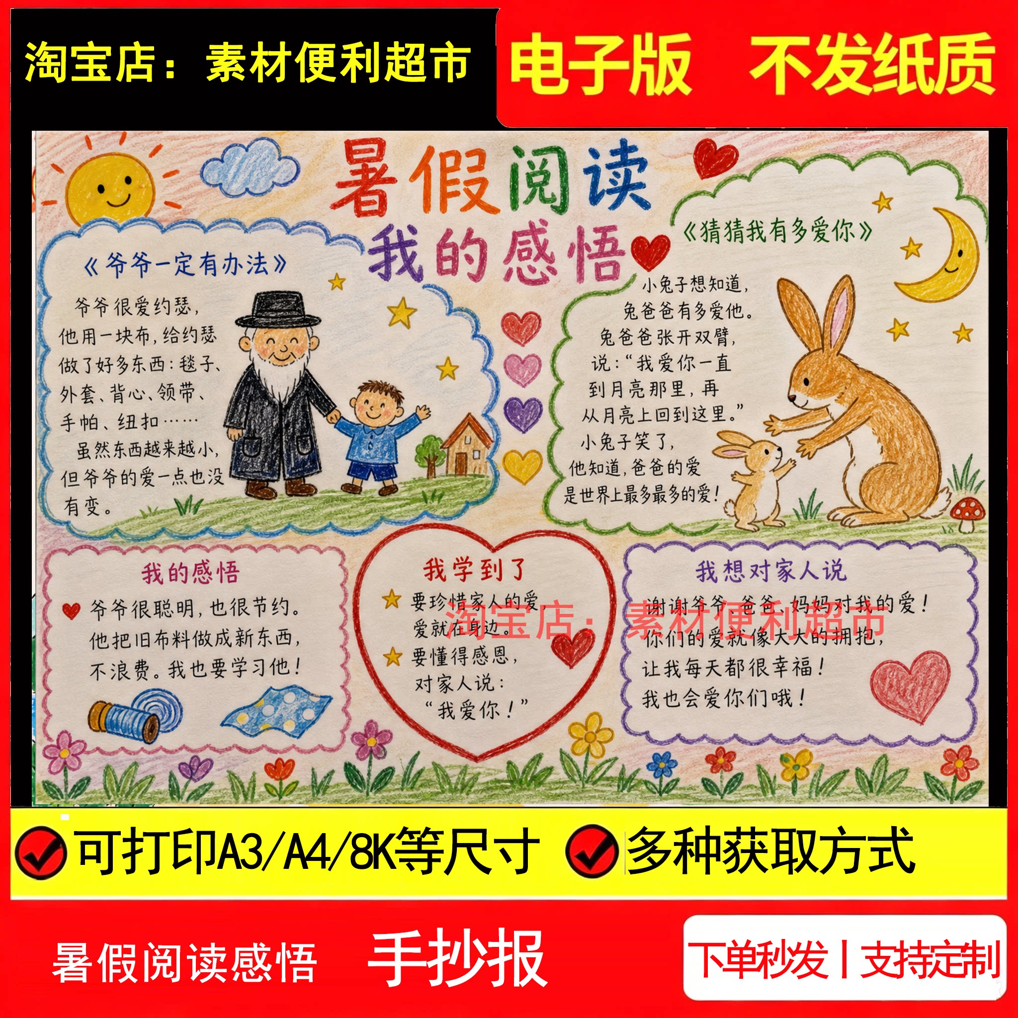暑假阅读我的感悟手抄报电子版爷爷一定有办法猜猜我有多爱你线稿