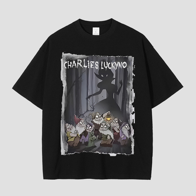 CHARLIES LUCKYNO七个小矮人童话潮牌黑色艺术喷绘情侣款短袖T恤