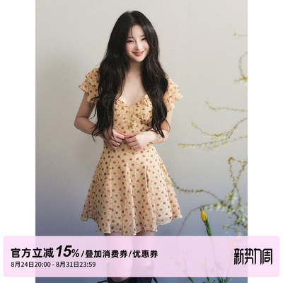 1P STUDIO 复古小碎花雪纺V领连衣裙女夏荷叶边短袖收腰压褶短裙