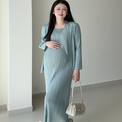 孕妇V领长袖开衫中长款背心裙