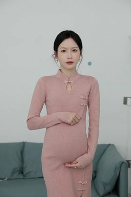 孕妇装秋冬国风旗袍针织连衣裙