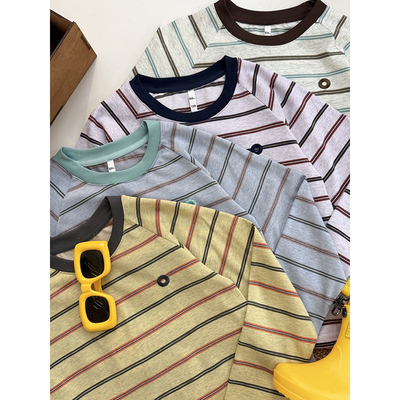 圆领小刺绣设计儿童条纹T恤