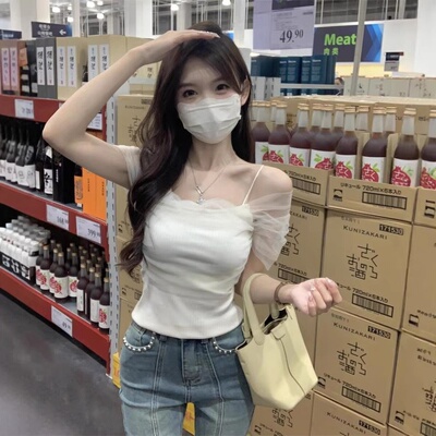 夏季温柔风设计感短袖上衣女装纯欲网纱露肩小众法式独特别致T恤