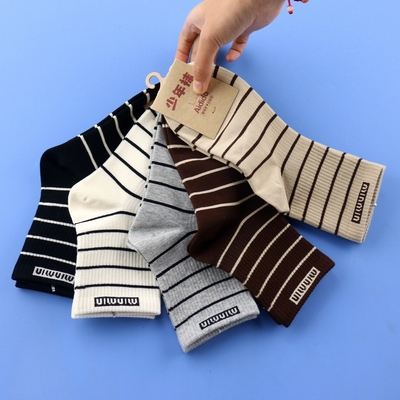 爱嘀嗒少女袜大童儿童袜子条纹字母潮流女生洋气运动袜中筒棉袜