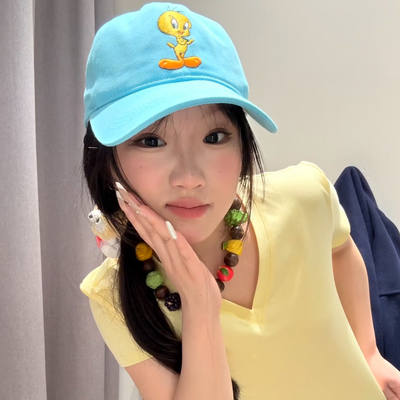定制款/韩国ins崔弟翠儿蓝色棒球帽女可爱小黄鸭刺绣显脸小鸭舌帽