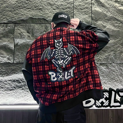 BXLT必须撸铁原创”炫彩反光恶魔”重工刺绣格子毛呢棒球服外套