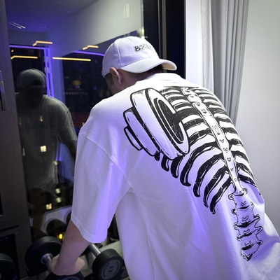 BXLT原创[杠铃肩胛骨]宽松圆领落肩潮流健身运动休闲百搭半袖t恤