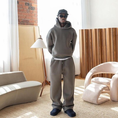 Mens Casual Solid Hooded Pullover Straight Pants 2 Piece