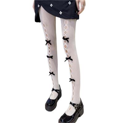 Women Cute Seethrough Pantyhose with Bow Knot Decors Hollow