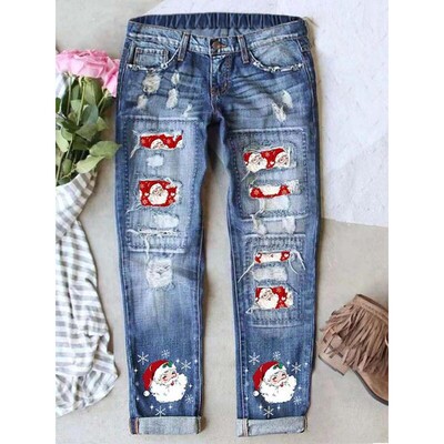 Women's Christmas Print Denim Jeans Casual Fitted Style