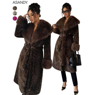 Women's Winter Lace Up Leopard Print Faux Fur Long Coat
