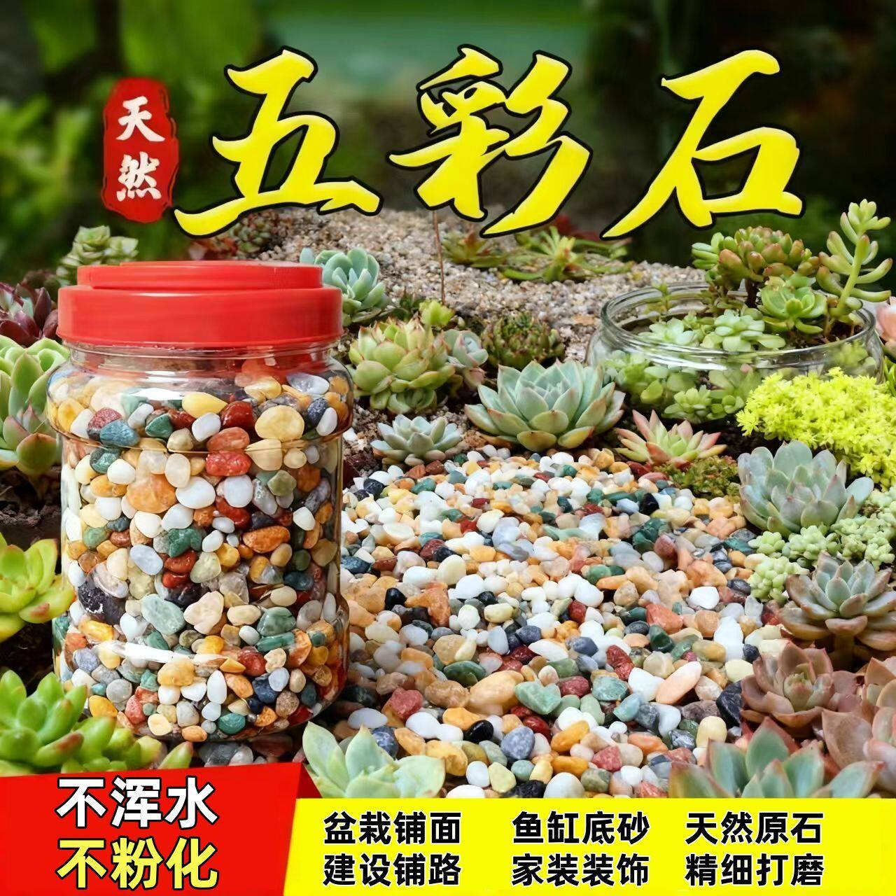 鱼缸石头子铺底天然彩色石子五彩石花盆栽多肉铺面雨花五花石子鱼