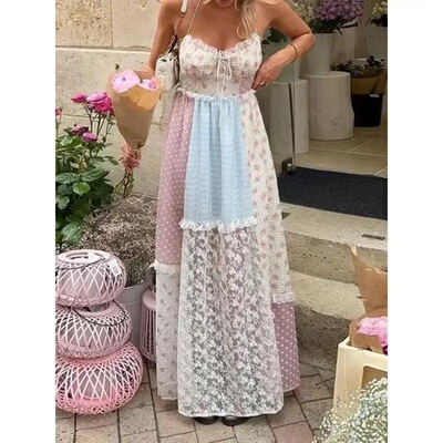 Womens Flowy Dresses Summer Elegant Print Lace Patchwork
