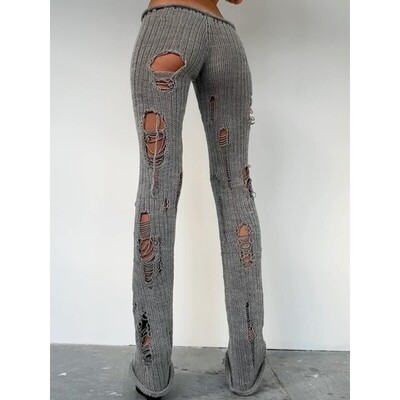 Womens Plain SlimFitting Ripped Knit Long Pants Sexy Street