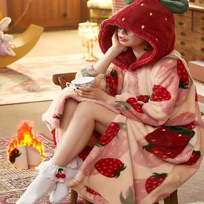 New Strawberry Women's Robe Bathrobe Autumn Winter Coral