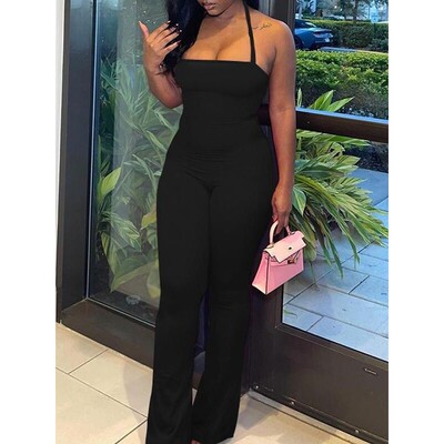 Womens Spaghetti Strap Scoop Neck Flare Bodycon Jumpsuit