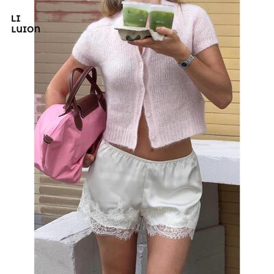 Women Satin Lace Micro Shorts Silk Patchwork Low Rise Lounge
