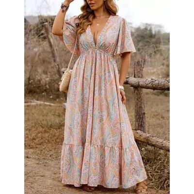 All Over Boho Style Floral Print Dress Fashion Casual Chic
