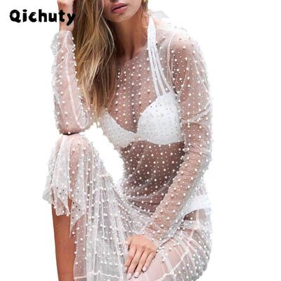 Womens Pearl Rhinestone See Through Cover Up Dress Sexy