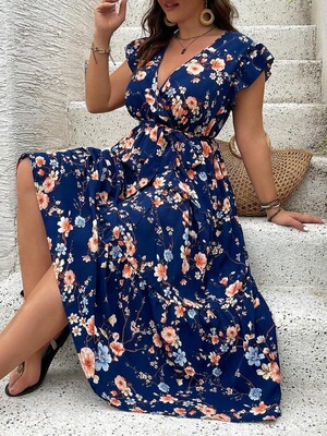 Plus Size Floral Print V Neck Dress Casual Fashion Short