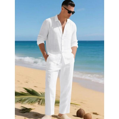 Mens Linen TwoPiece Set Classic Button Shirt Drawstring