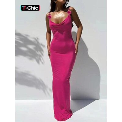 Womens Plain Flower Decor Backless Cowl Neck Cami Dress