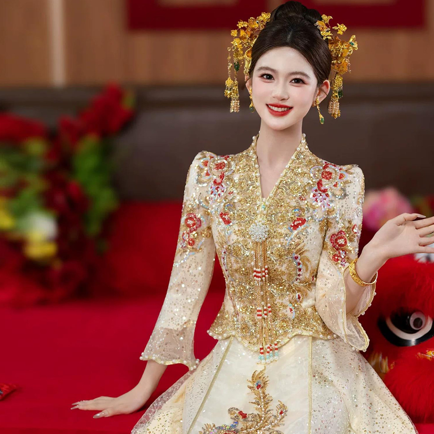 夏季秀禾服2026年新款中式结婚嫁衣低领薄款婚宴礼服香槟色新娘服