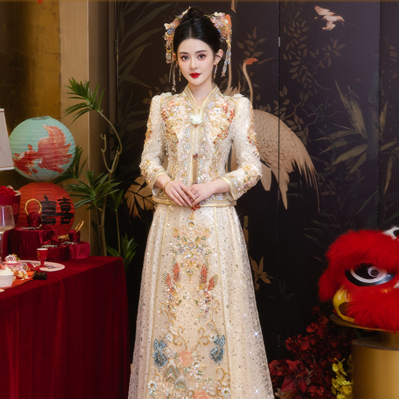 春夏秀禾服婚服2026新款中式婚纱礼服浅色薄款敬酒服香槟色新娘服