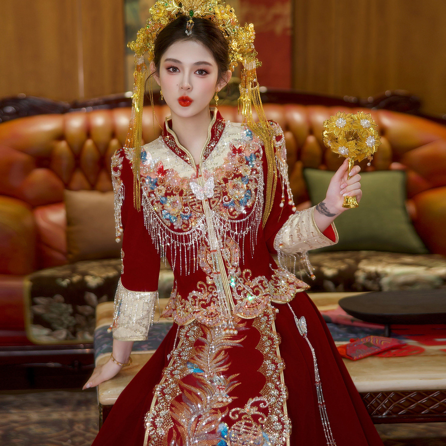 丝绒秀禾服婚服2026新款中式结婚敬酒服小个子喜服低领新娘服嫁衣