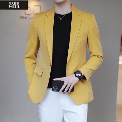 春秋季男士商务休闲小西装加大码宴会歌手演出服影楼拍摄黄色西服