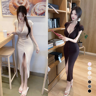 韩国V领短袖修身显瘦连衣裙
