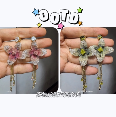 渐变色刺绣花朵手缝工艺水晶长款流苏耳环轻奢高级感耳饰耳钉女