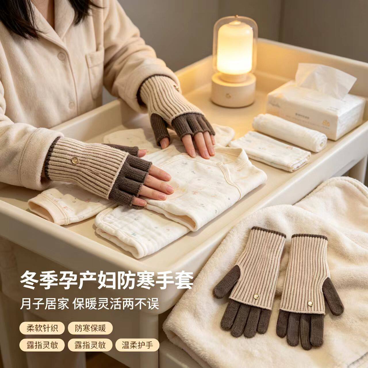 冬季孕妇产妇坐月子护腕套学生写字露指翻盖触屏护手针织两用手套