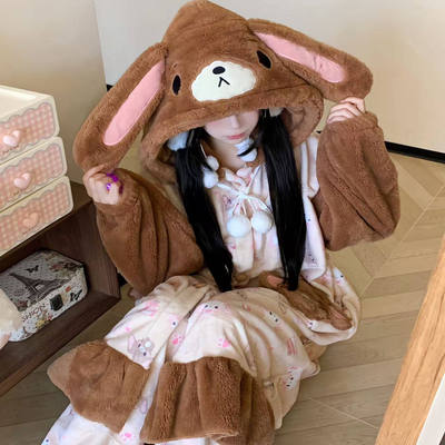 原创！新款棕色甜点兔冬季睡袍法兰绒加厚可爱闺蜜装宅家可外穿