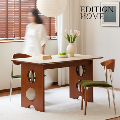 editionhome月影罗马洞石岩板餐桌黄杨实木中古风大长书桌木纹桌