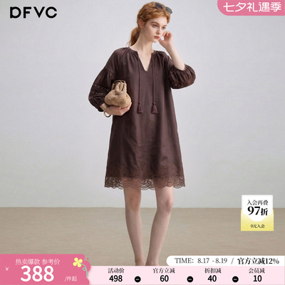 dfvc天丝亚麻复古风V领衬衫裙