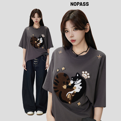 NOPASS毛巾绣爱心小猫短袖
