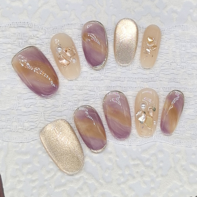 【金玉紫兰】日系纯手工国风贵妇显白猫眼鎏金气质紫色穿戴甲