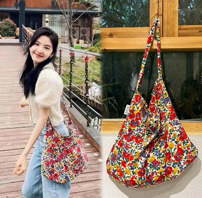 emis包包彩绘碎花帆布包章若楠同款白色大容量帆布袋单肩包女通勤