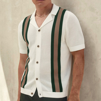 Men Fashion Cuban Collar Short Sleeve Needle Shirt古巴领短袖