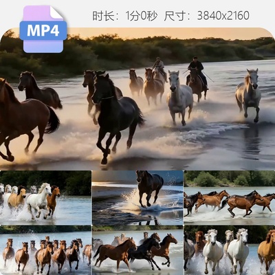 高清万马奔腾踏浪而过马年骏马群马奔跑江河草原动态视频素材